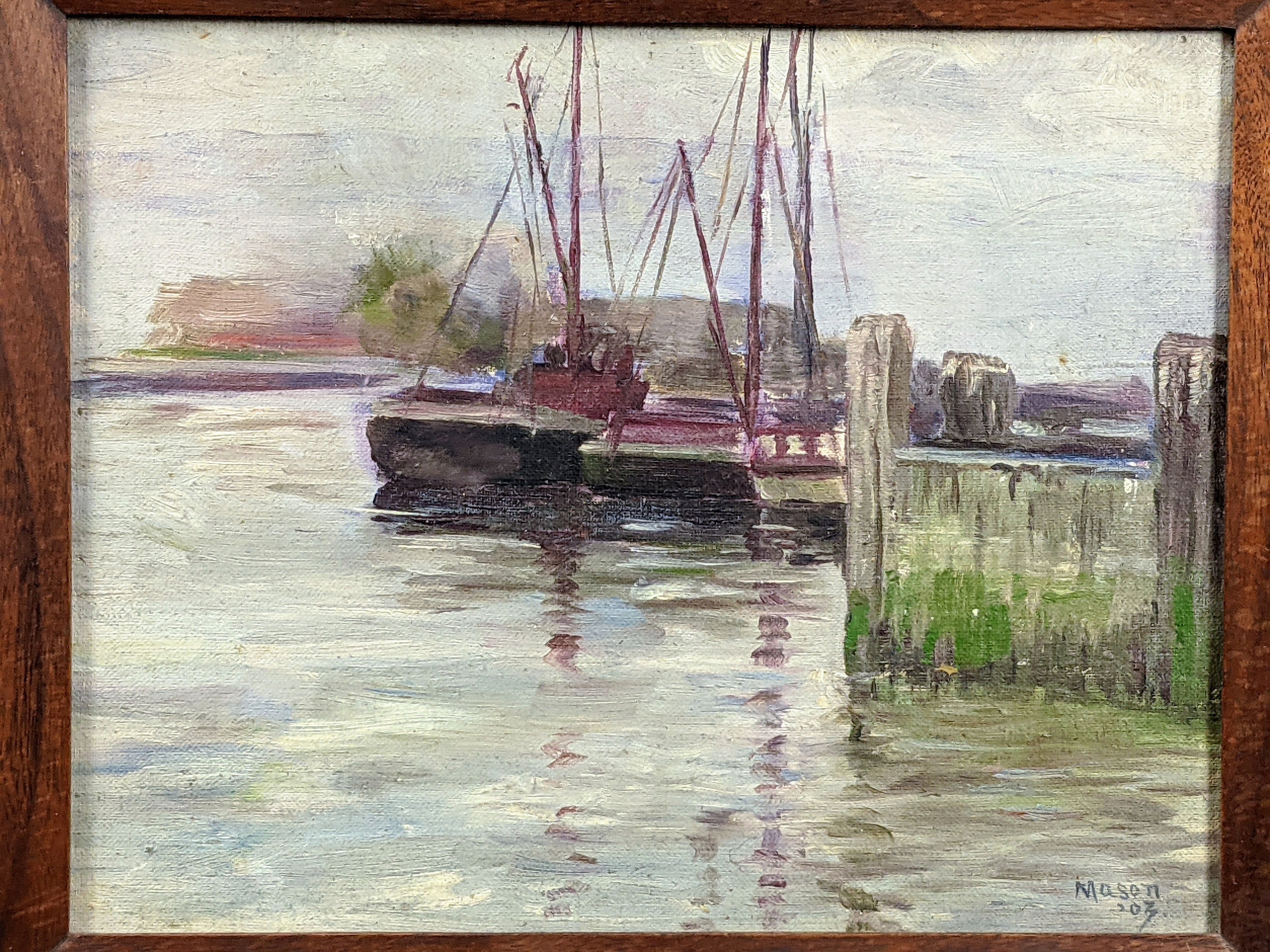 1903 Frank Henry Mason Boats & Harbor Oil Painting on Canvas in ...