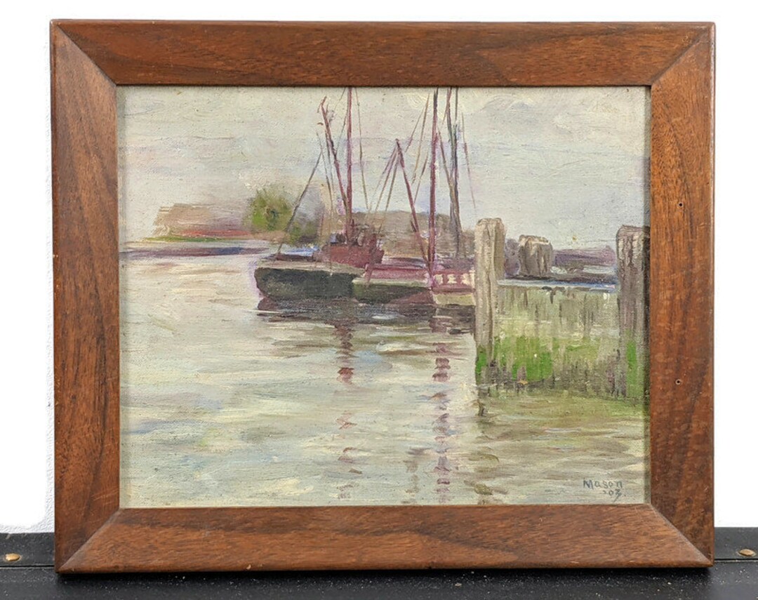 1903 Frank Henry Mason Boats & Harbor Oil Painting on Canvas in ...