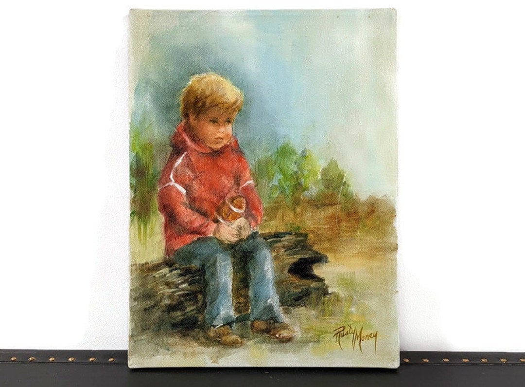 Rusty Money Vintage Oil Painting of a Young Boy & Football Titled "don ...