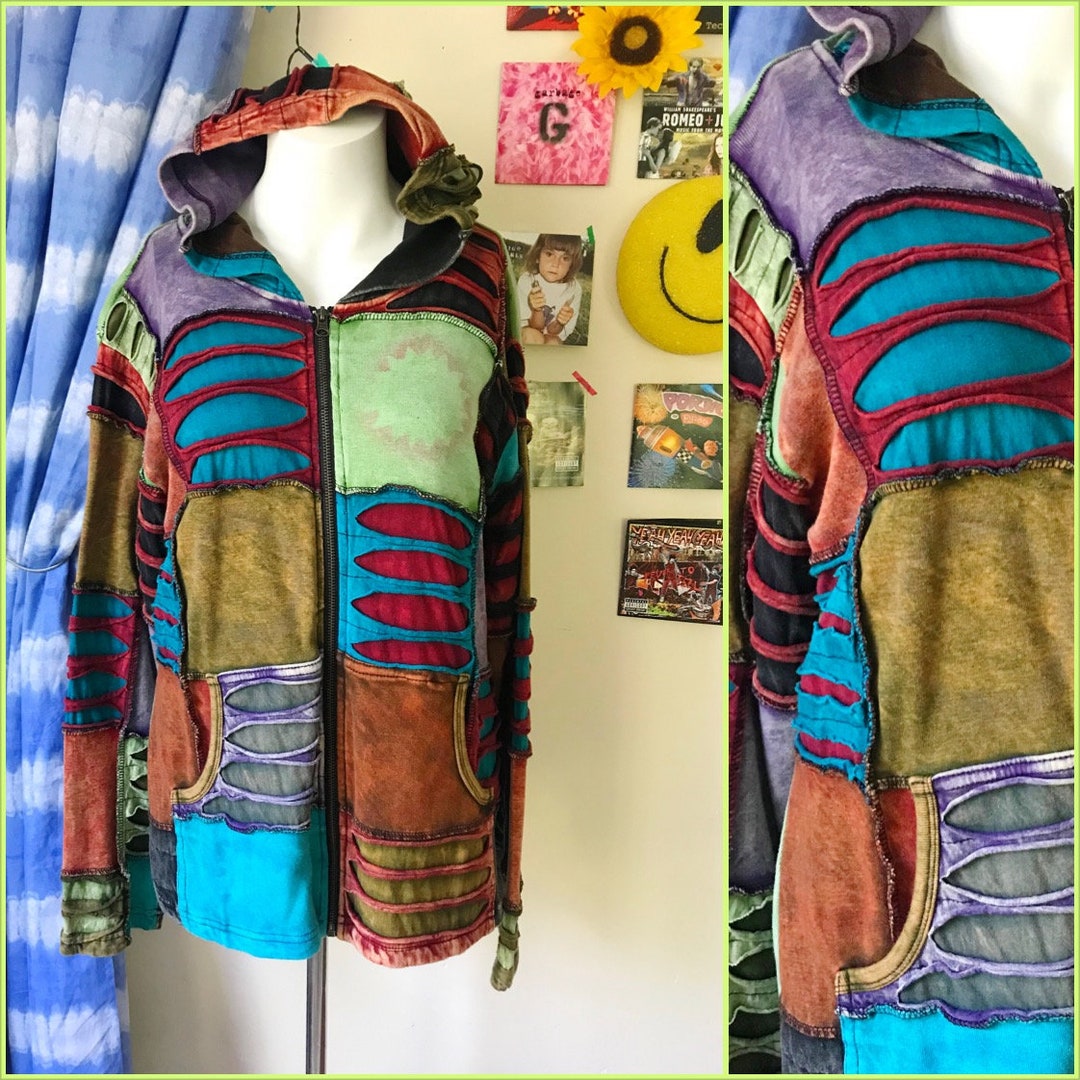 Y2K 2000s Fairycore Ripped Rainbow Patchwork Hoodie Sz LG - Vintage ...