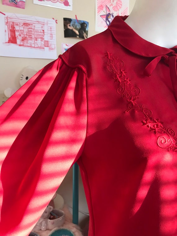 80s Edwardian Ruby Red Peter Pan Collar Cottagecore L… - Gem