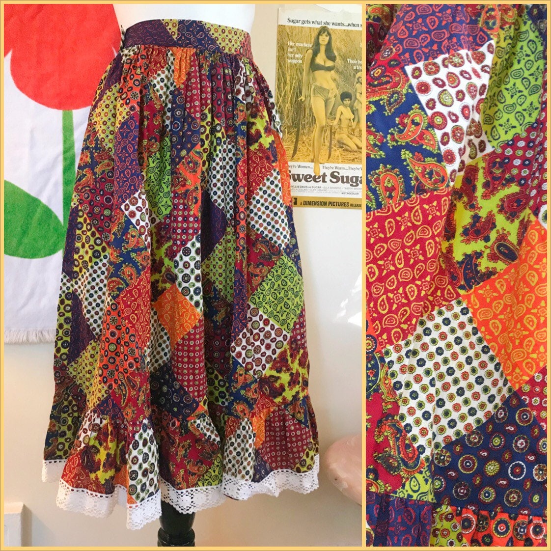 60s 70s Hippie Psychedelic Patchwork Bandana Paisley Peasant Skirt Sz SM Bohemian Peasant Skirt ...