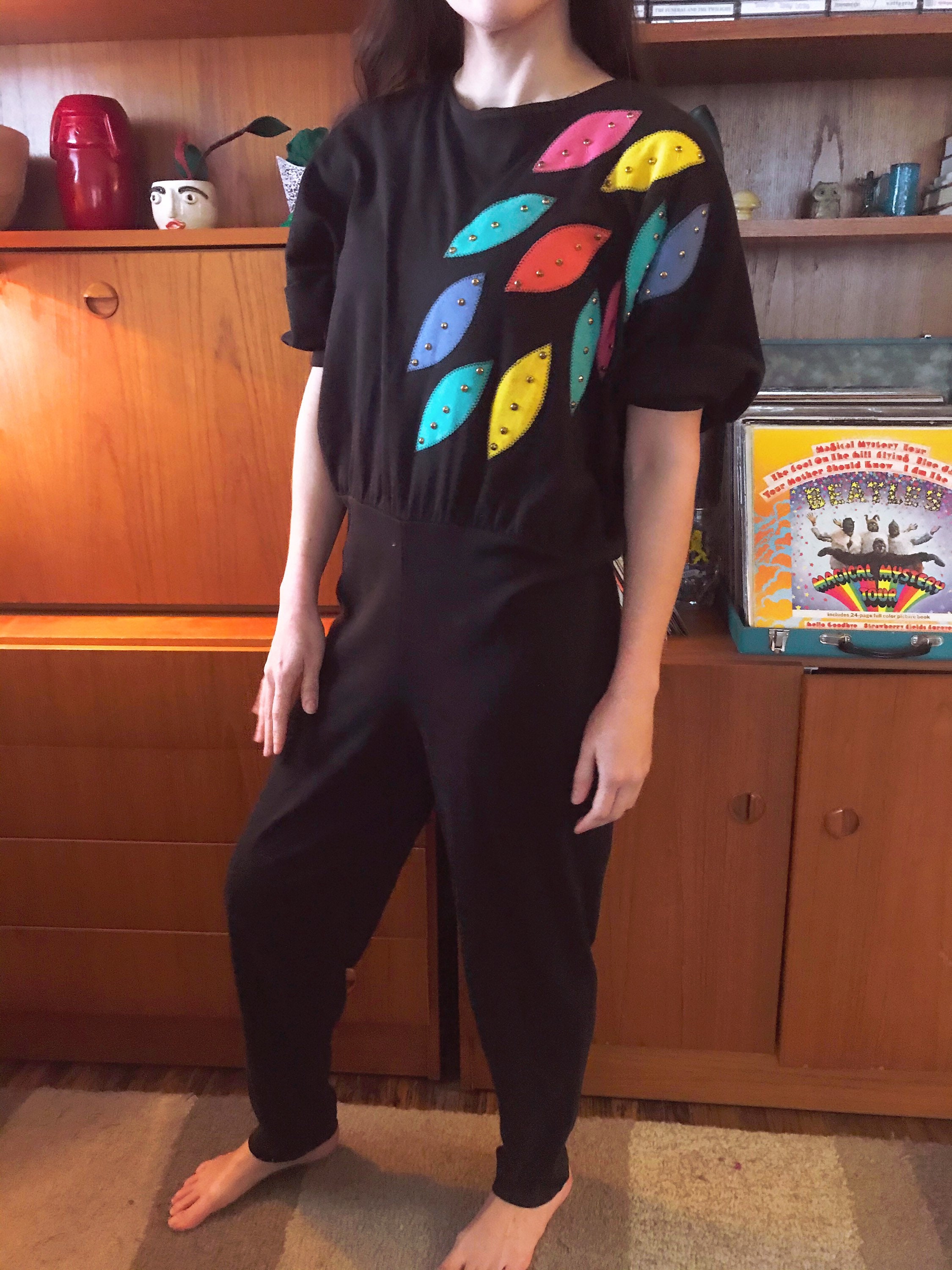 80s Vintage Jewel Tone Leaf Printed Black Jumpsuit One Piece Suit ...