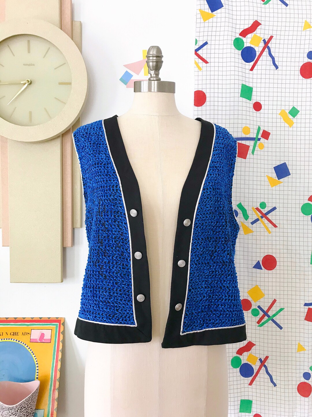 90s Vintage Velvet Blue Crazy Vest - 90s Blue Velvet Vest - 80s Vintage ...