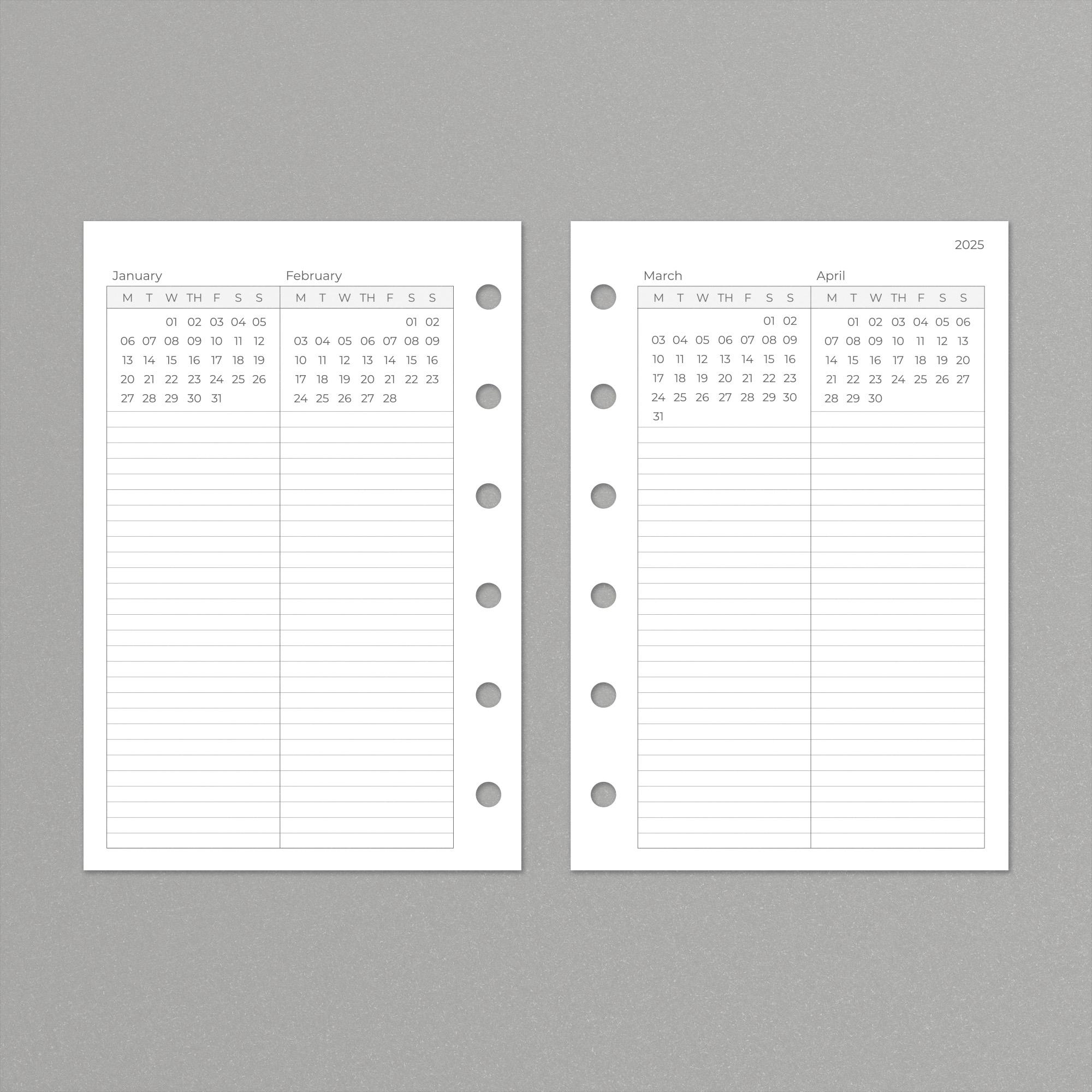 2025 Calendar Pocket Rings Printable Inserts Bundle | Year at a Glance ...
