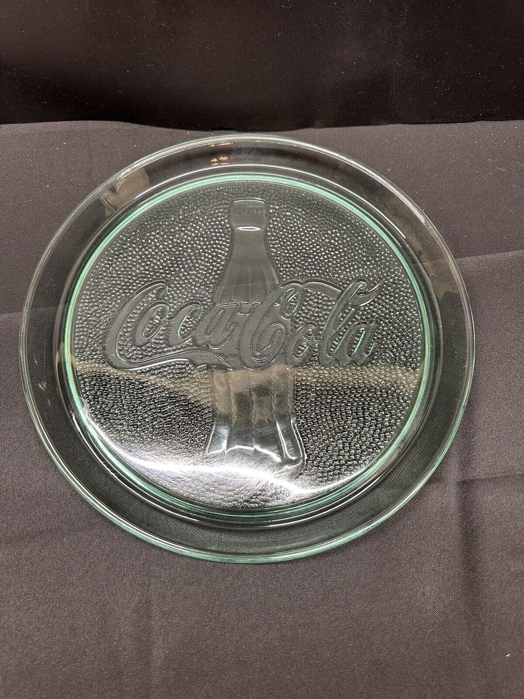 Vintage COCA COLA Logo Clear Green 13 Round Glass Serving Dish Platter ...