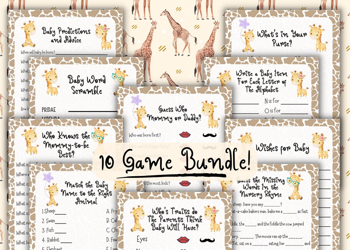 Baby Giraffe Themed Shower Games Bundle Giraffes Pattern Games for Baby ...