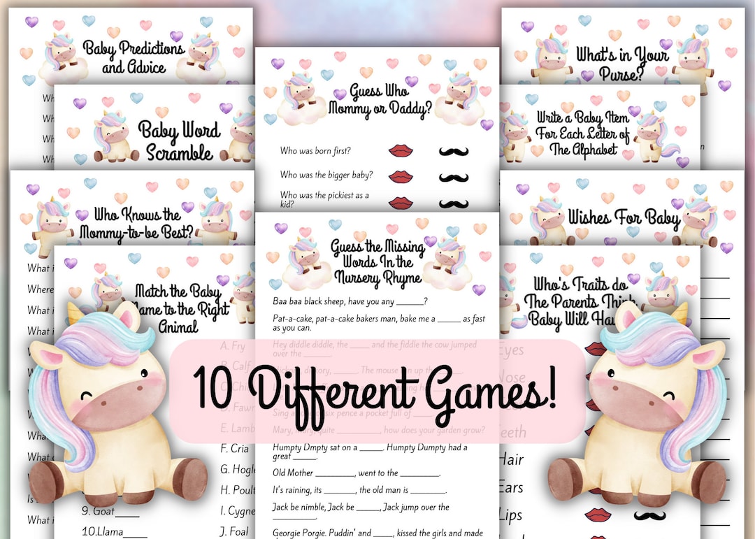 Pastel Unicorn Baby Shower Games 10 Different Activities Cute Unicorns ...