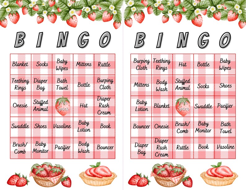 Berry Sweet Themed Baby Shower Bingo 50 Prefilled Game Boards ...