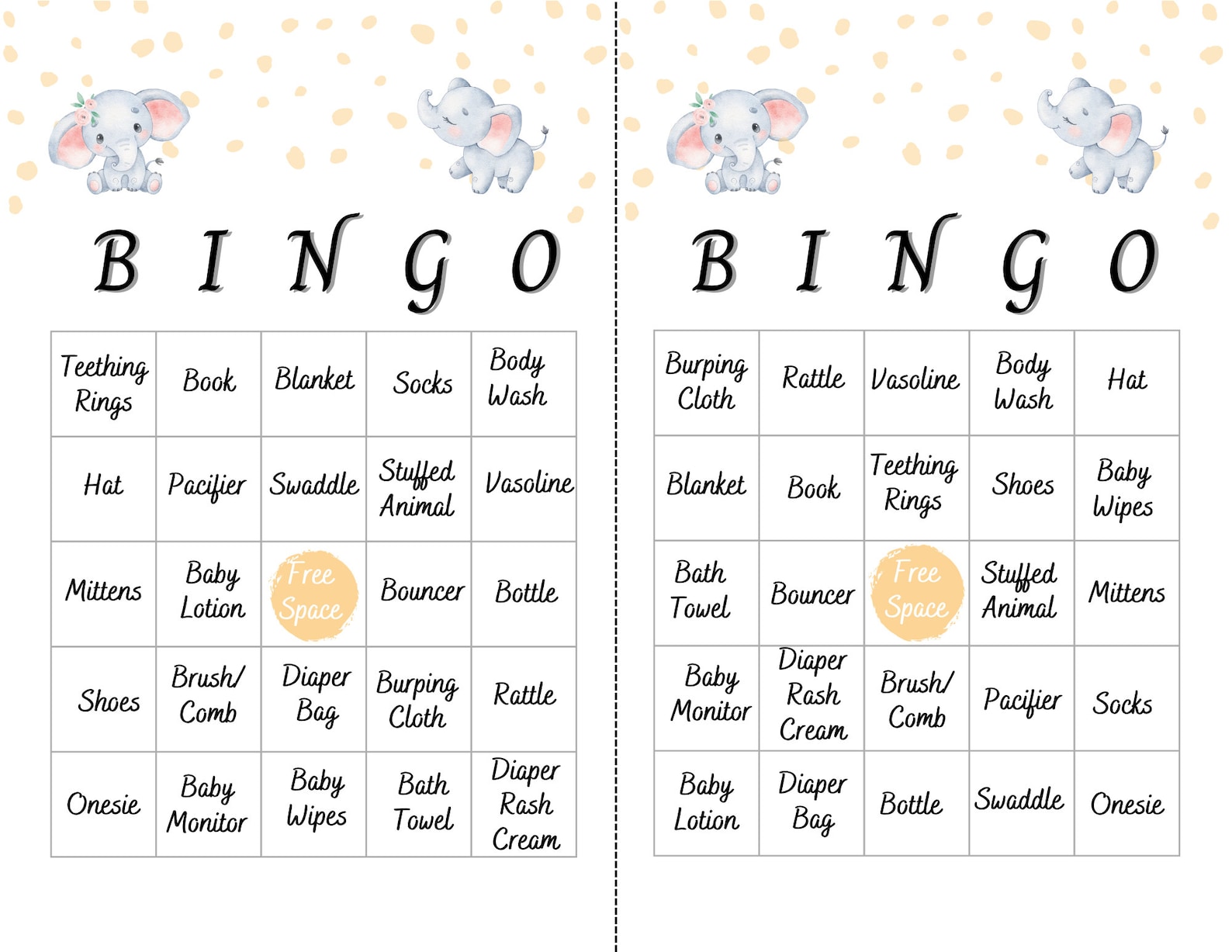 24 Elephant Baby Shower Bingo Boards Prefilled Cute Elephant Shower ...