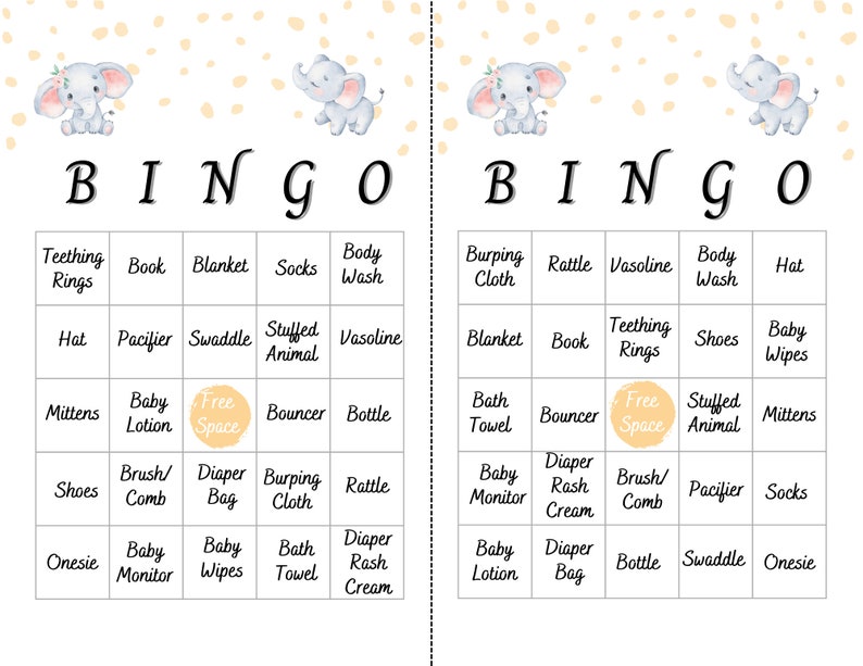 24 Elephant Baby Shower Bingo Boards Prefilled Cute Elephant Shower ...