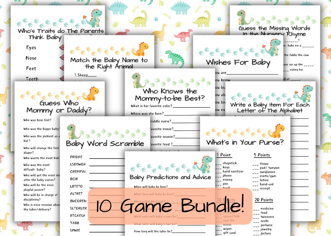 Dinosaur Themed Baby Games Bundle for a Dino Baby Shower 10 Game Bundle ...