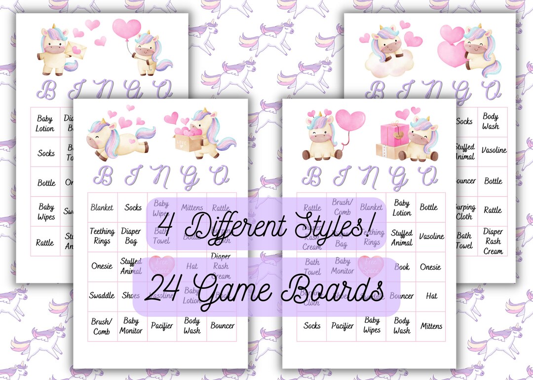 Pastel Unicorn Themed Baby Shower Bingo 24 Prefilled Game Boards ...
