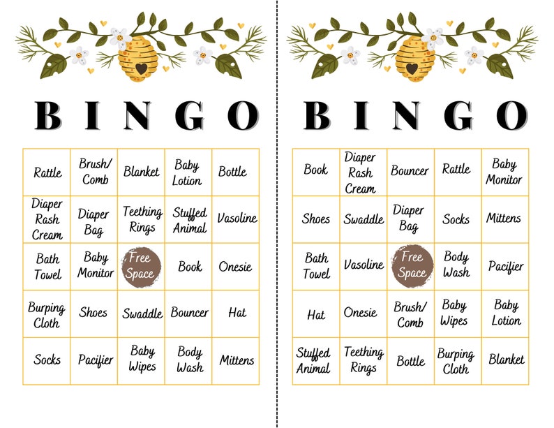 Bee Themed Baby Shower Bingo 50ct Game Cute Simple Bee Bingo Games 5 ...