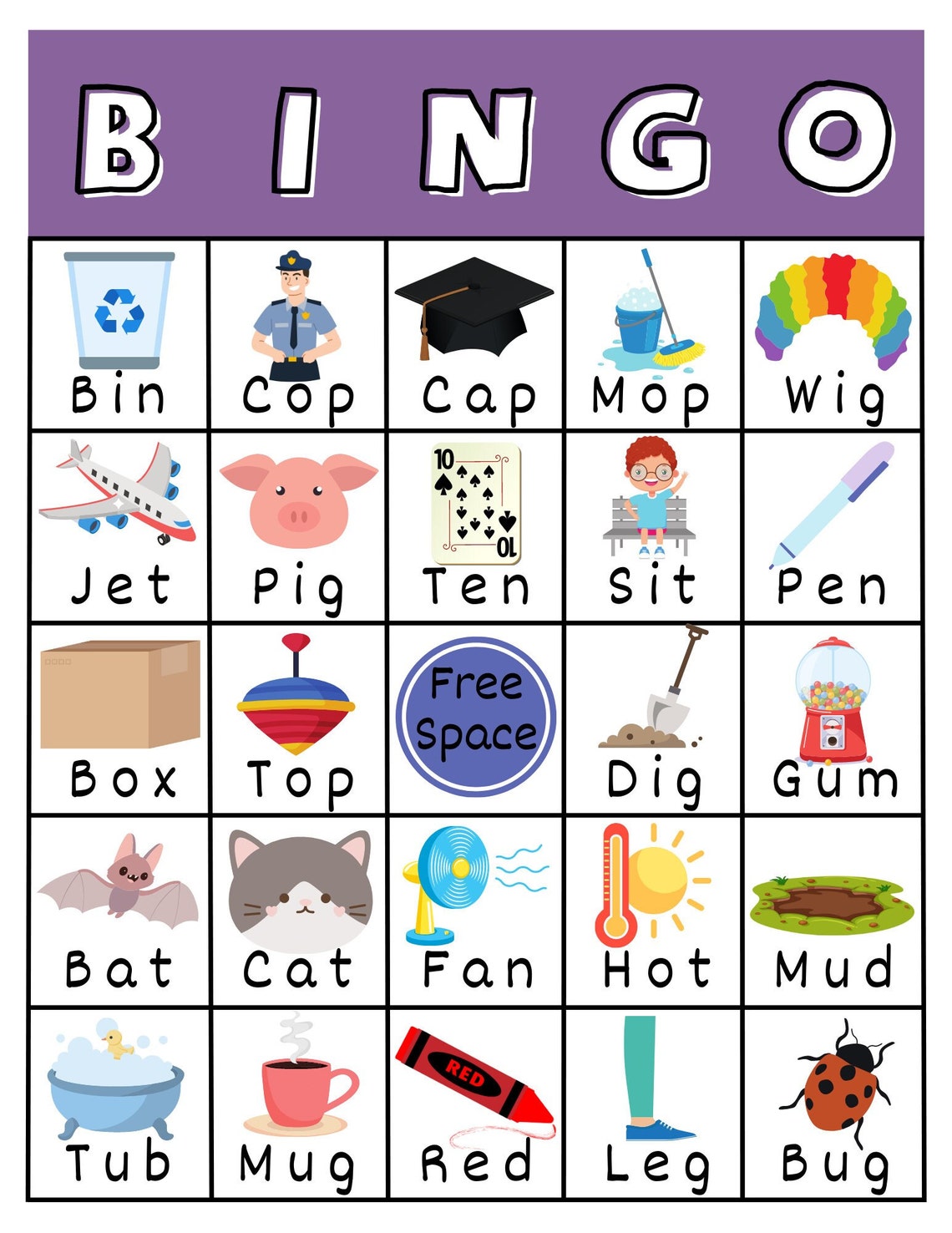 20 CVC Picture Bingo Game Boards for Kindergarten or Preschool Learning ...