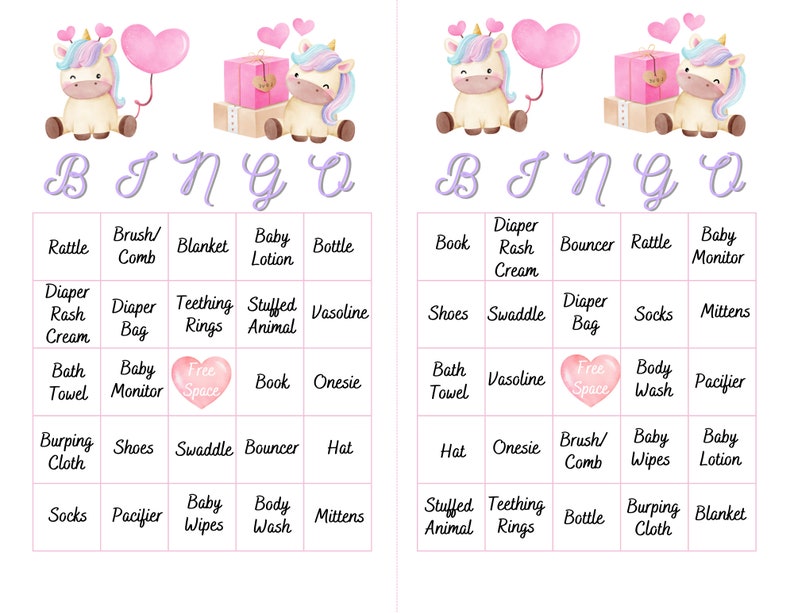 Rainbow Unicorn Themed Baby Shower Bingo Prefilled Game Board Cute ...