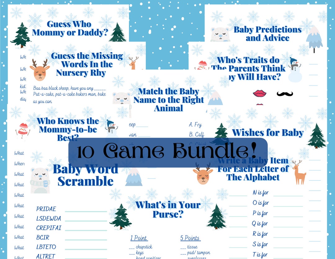 Snowy Winter Themed Baby Shower Games 10 Game Set in Multiple Styles ...