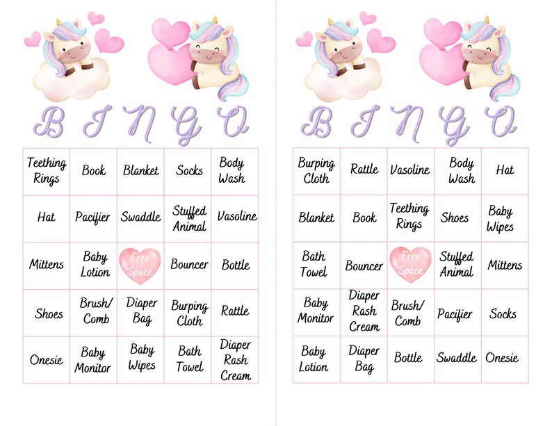 Rainbow Unicorn Themed Baby Shower Bingo 50 Game Boards in 4 Different ...