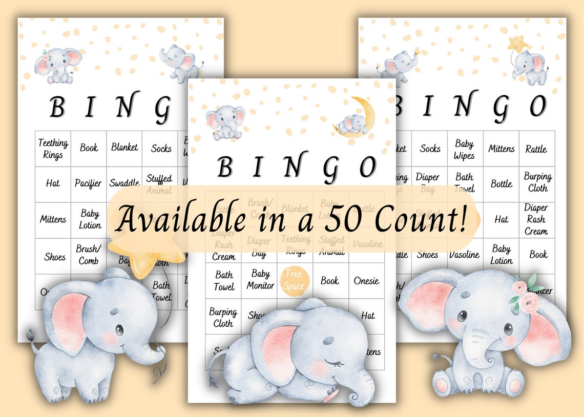 24 Elephant Baby Shower Bingo Boards Prefilled Cute Elephant Shower ...