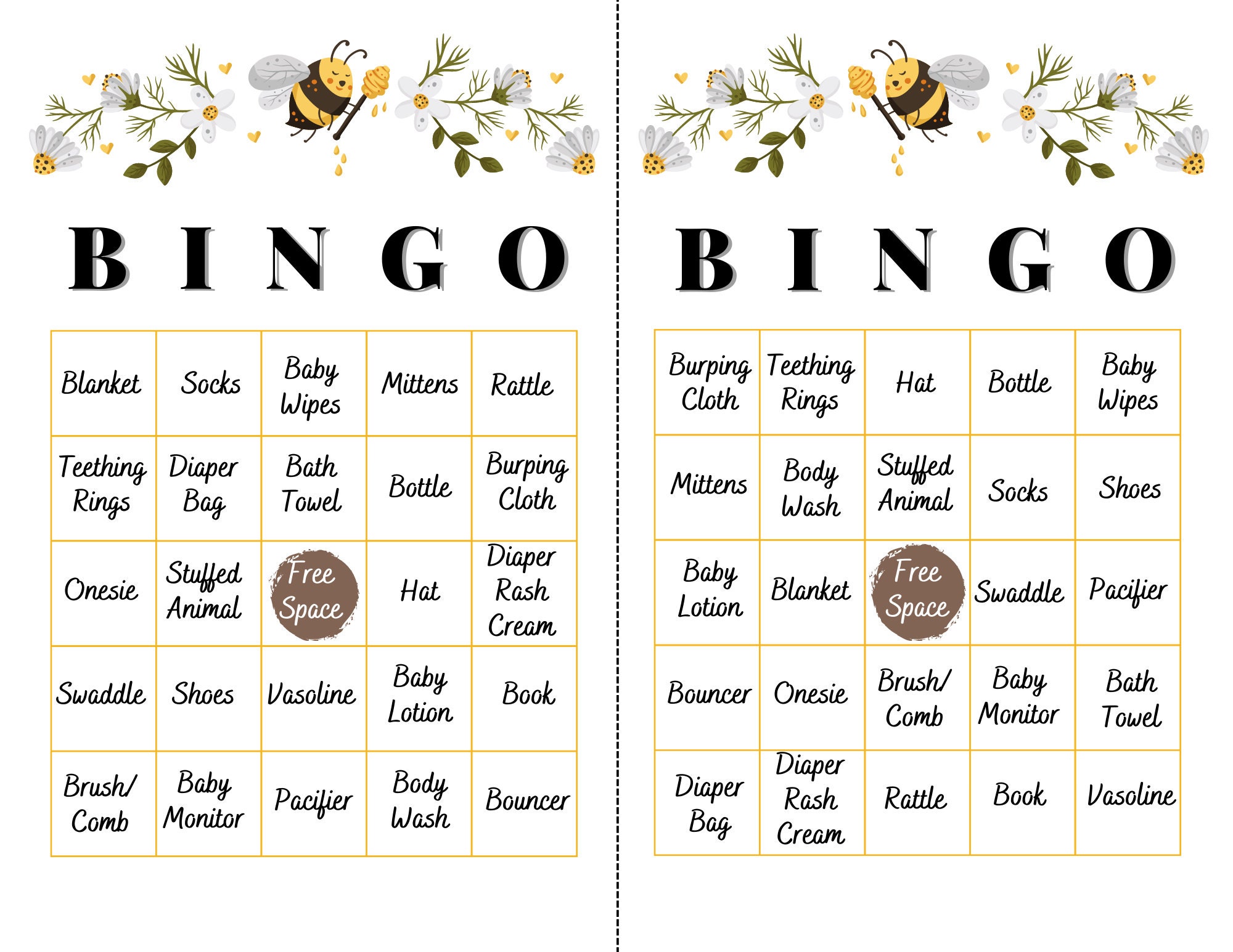 Bee Themed Baby Shower Bingo 50ct Game Cute Simple Bee Bingo Games 5 ...