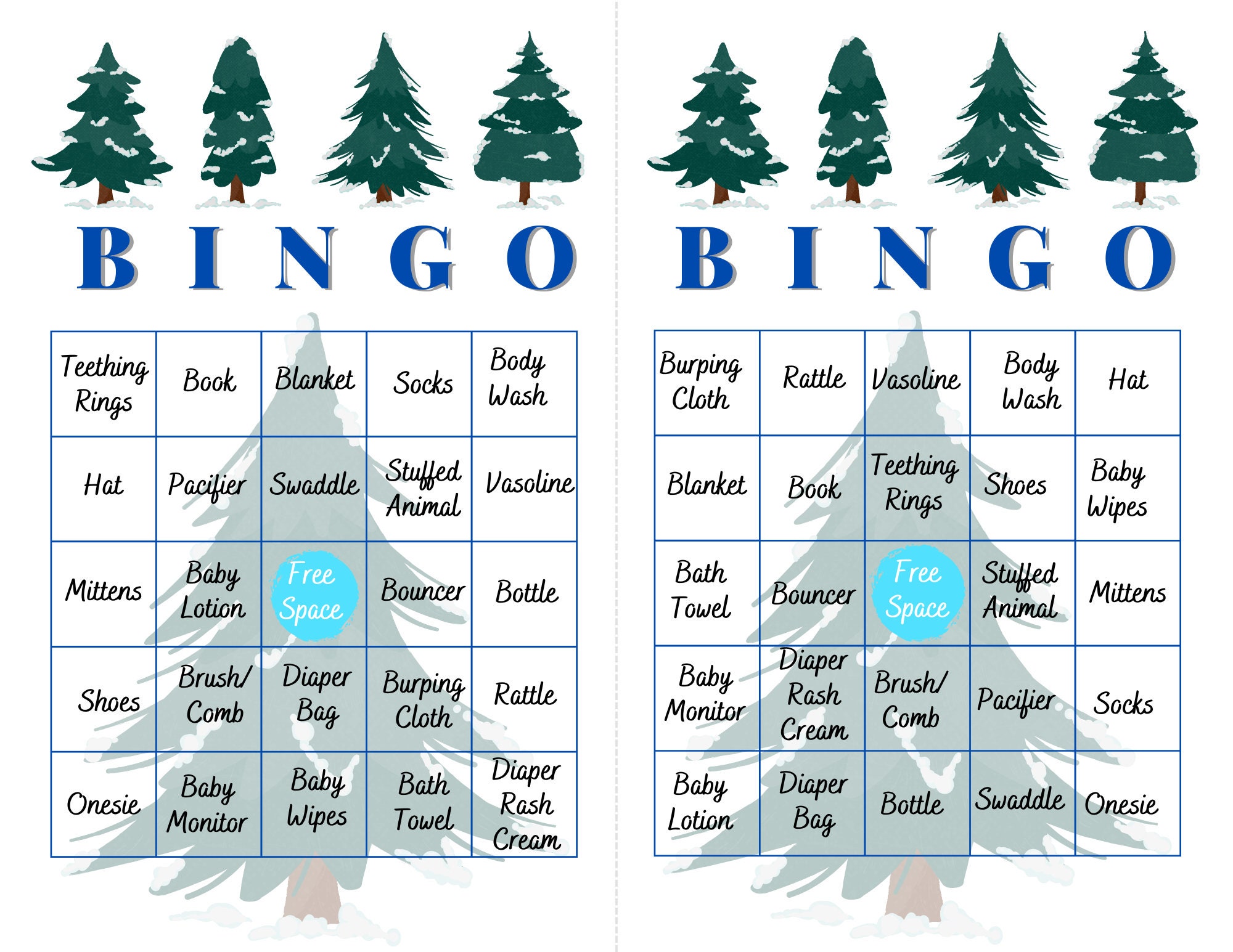 Baby Shower Bingo Games Snowy Winter Themed Prefilled 24 Game Boards ...