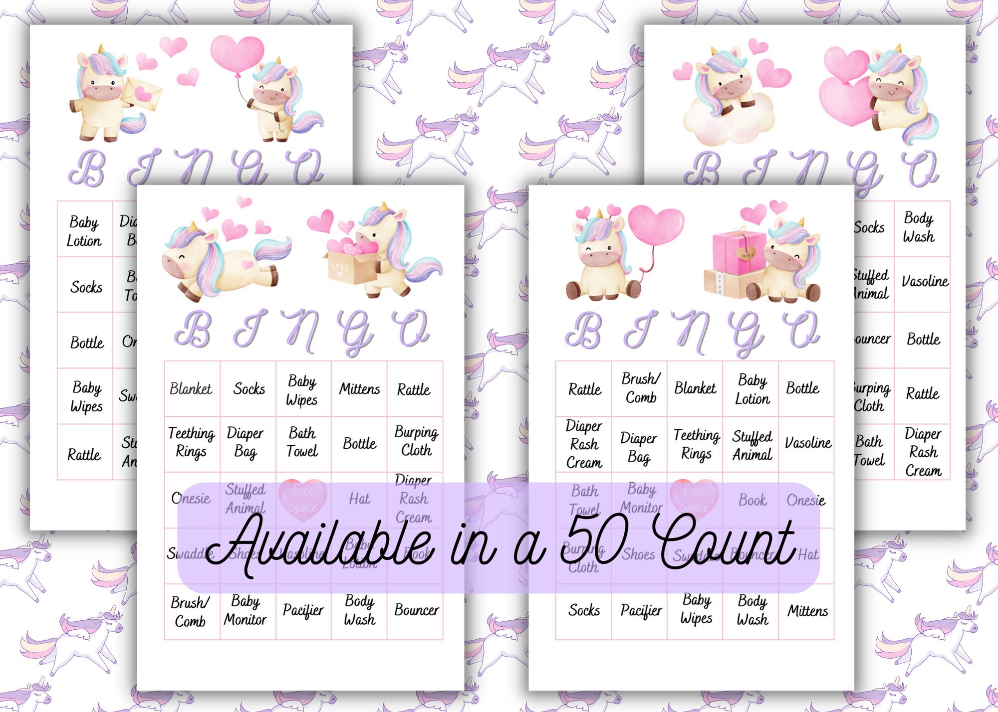 Pastel Unicorn Themed Baby Shower Bingo 24 Prefilled Game Boards ...