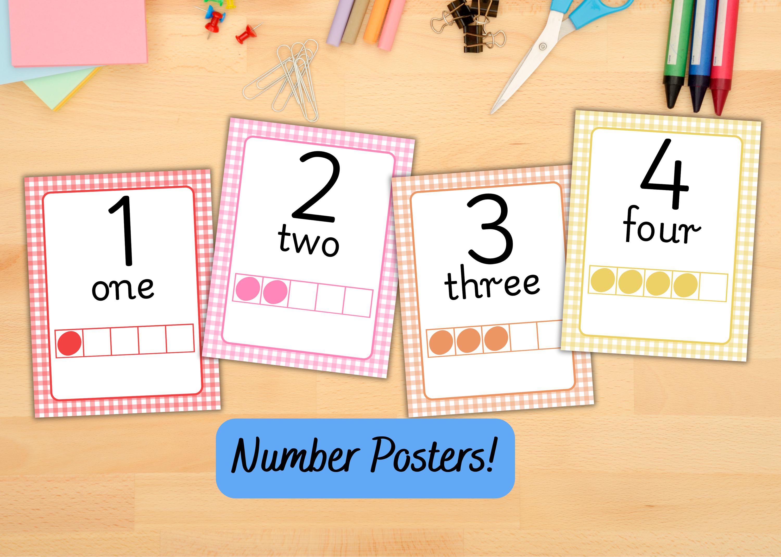 Rainbow Gingham Number Posters for Elementary Classroom Colorful Class ...