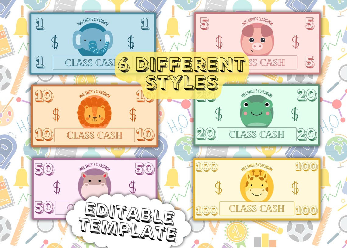 Editable Animal-themed Class Cash Rainbow Colored Classroom Currency ...