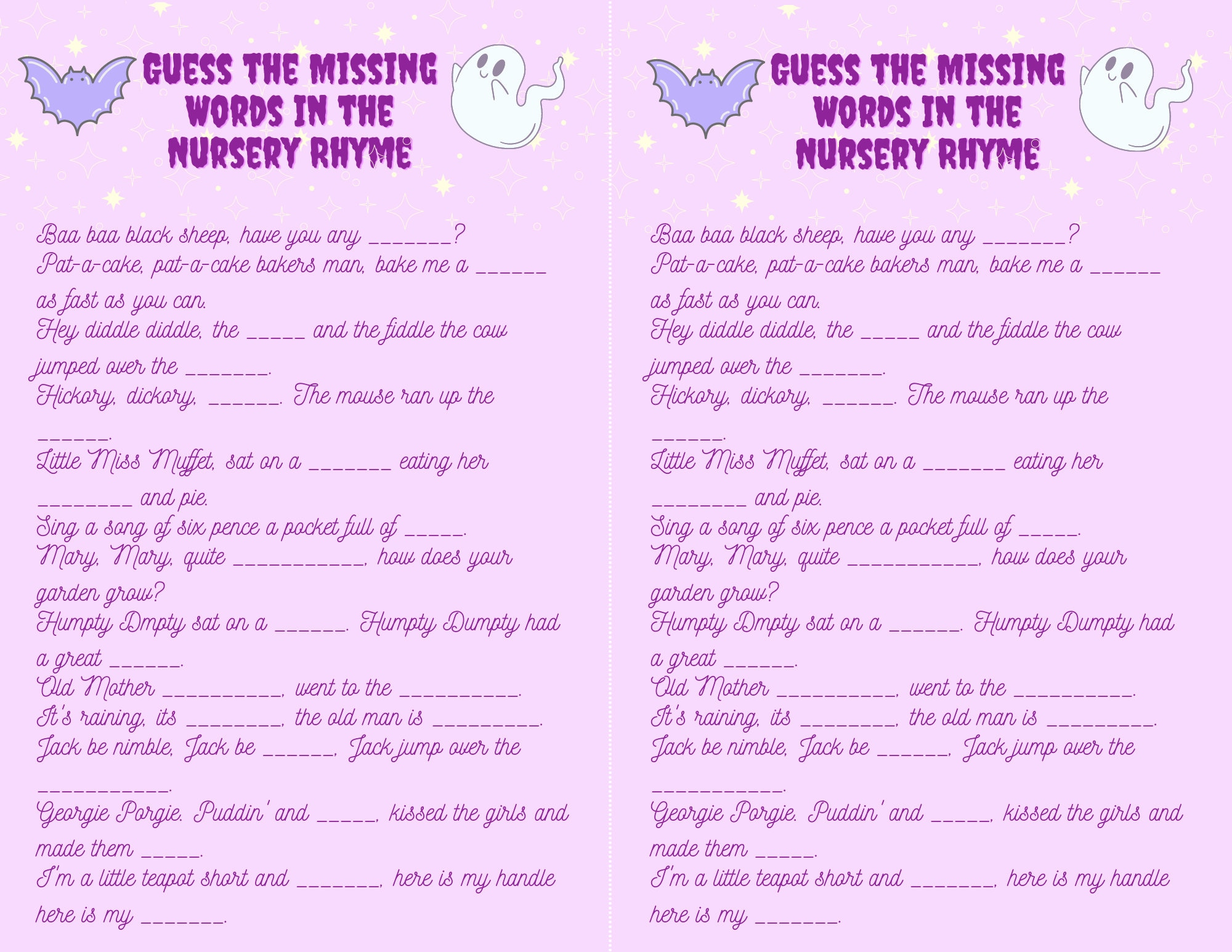 Halloween Themed Guess the Missing Nursery Rhyme Baby Shower - Etsy