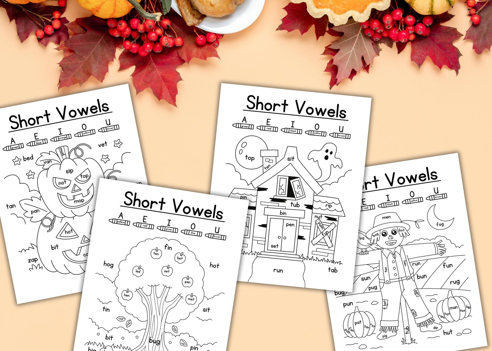 Fall Themed Short Vowel Practice Coloring Worksheets and Color by Vowel ...