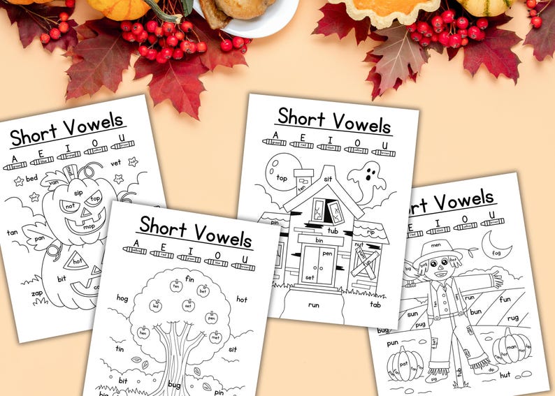 Fall Themed Short Vowel Practice Coloring Worksheets and Color by Vowel ...