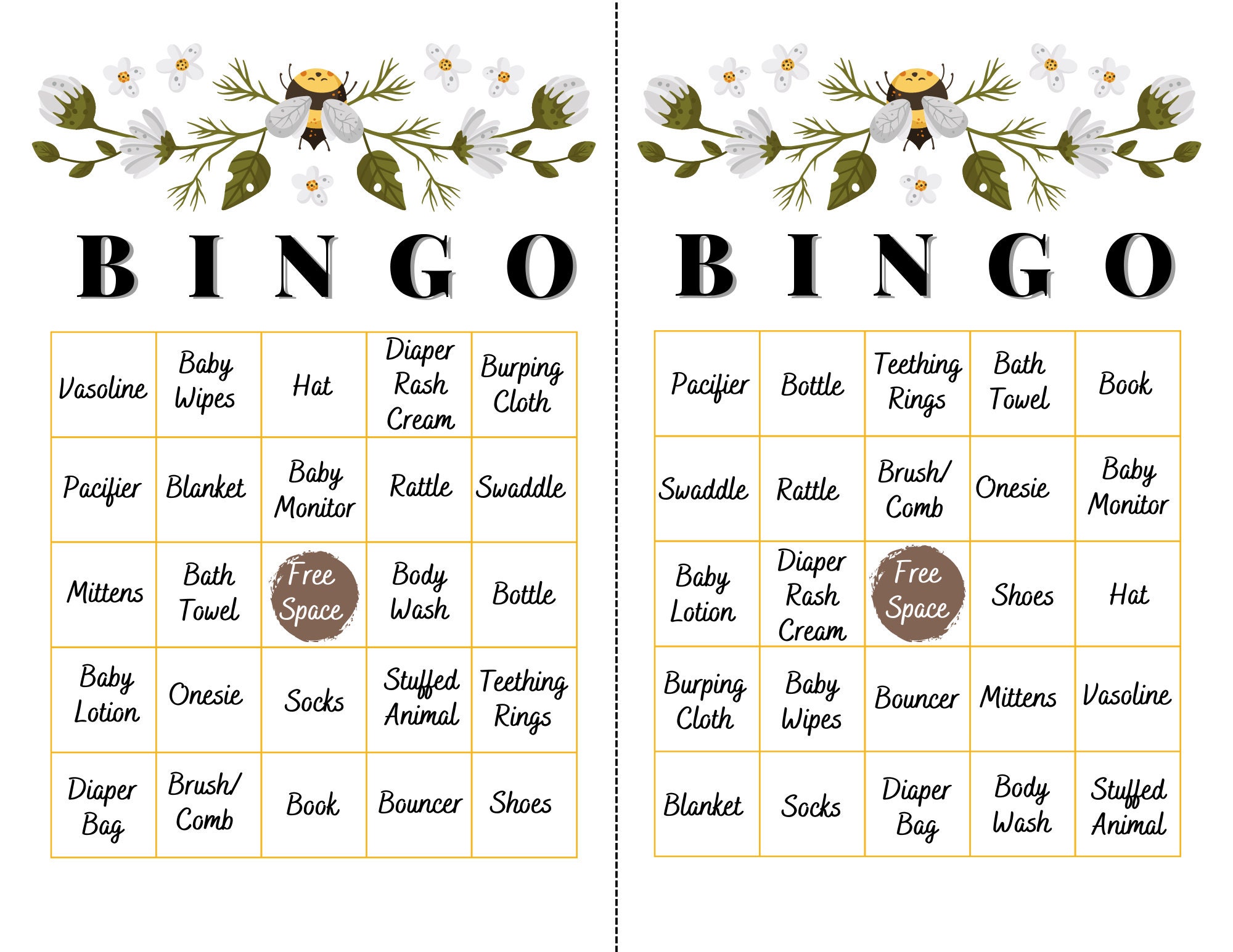 Bee Themed Baby Shower Bingo 50ct Game Cute Simple Bee Bingo Games 5 ...
