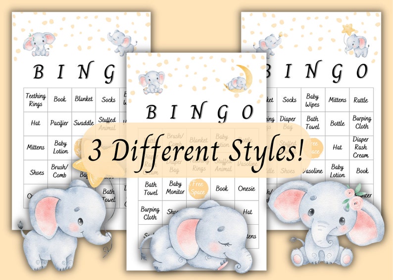 24 Elephant Baby Shower Bingo Boards Prefilled Cute Elephant Shower ...
