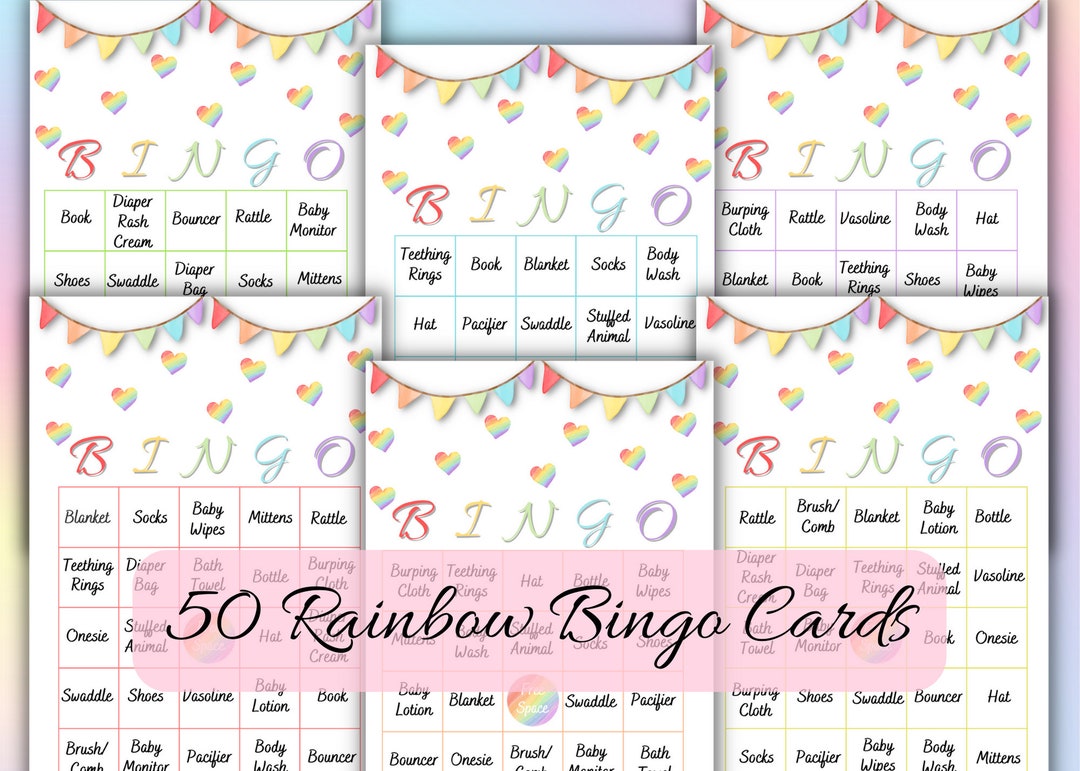 Rainbow Themed Baby Shower Bingo Game With 50 Prefilled Game Boards to ...
