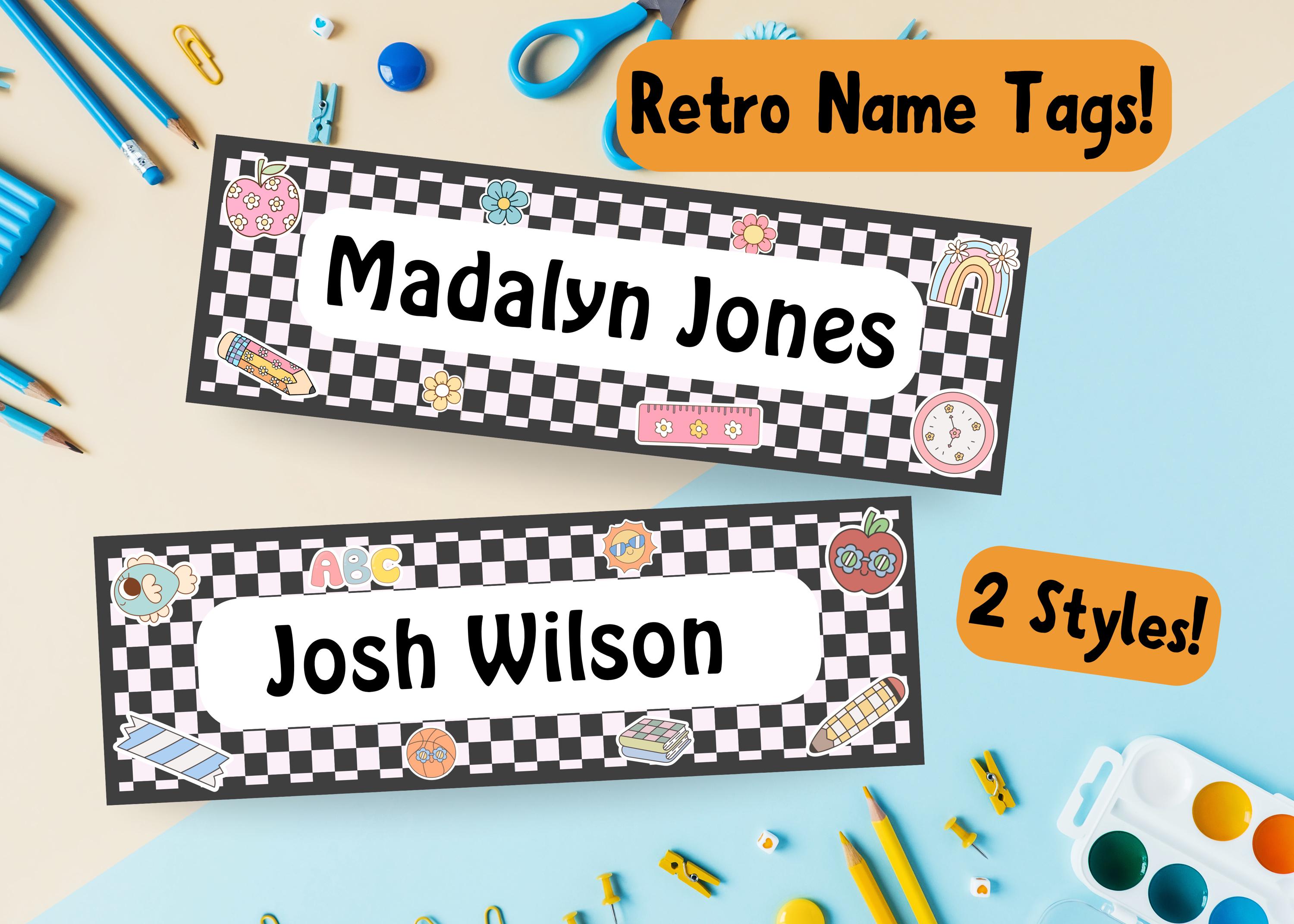 Retro Sticker Classroom Name Tags | Checkerboard 70s Decor | Editable ...