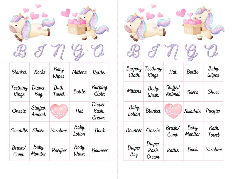 Pastel Unicorn Themed Baby Shower Bingo 24 Prefilled Game Boards ...