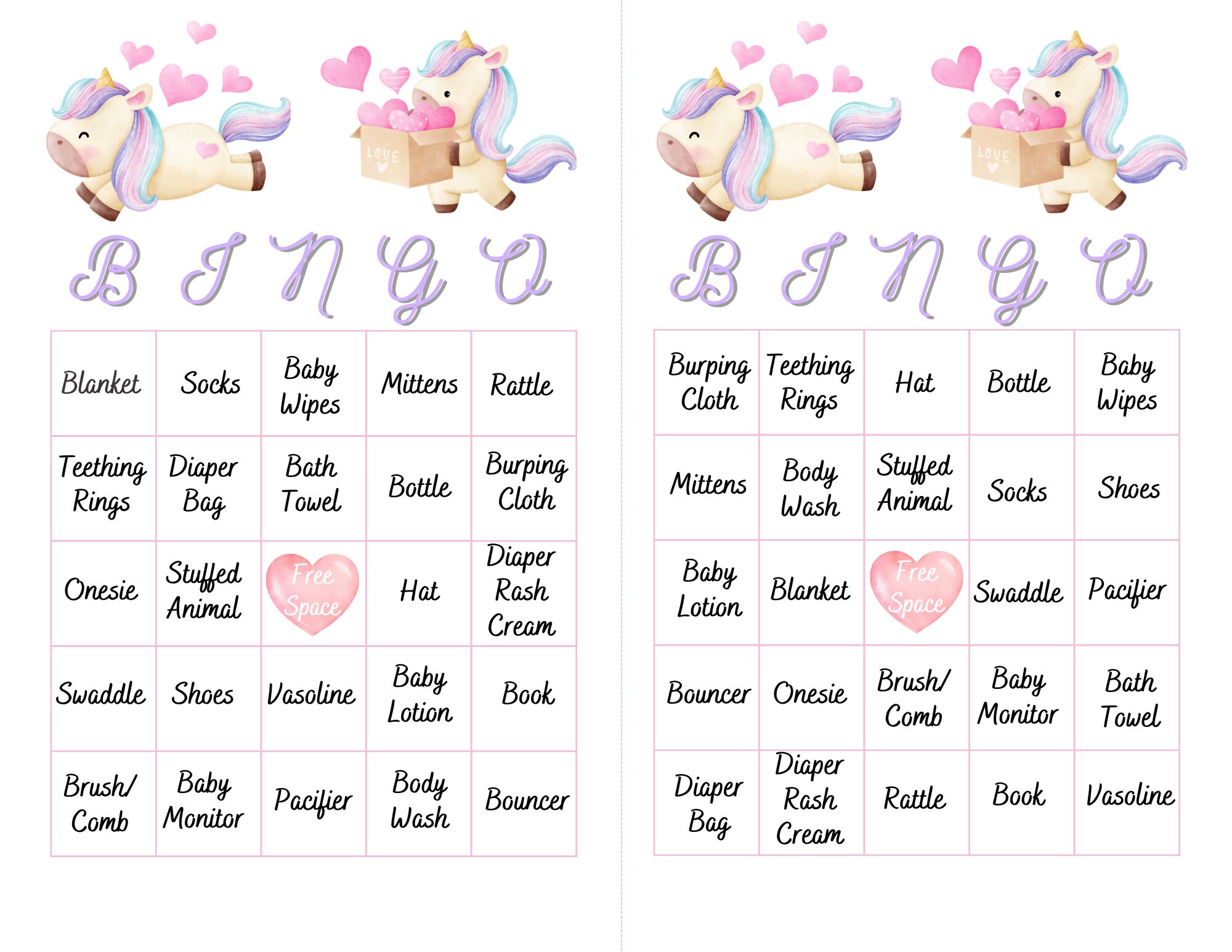 Pastel Unicorn Themed Baby Shower Bingo 24 Prefilled Game Boards ...