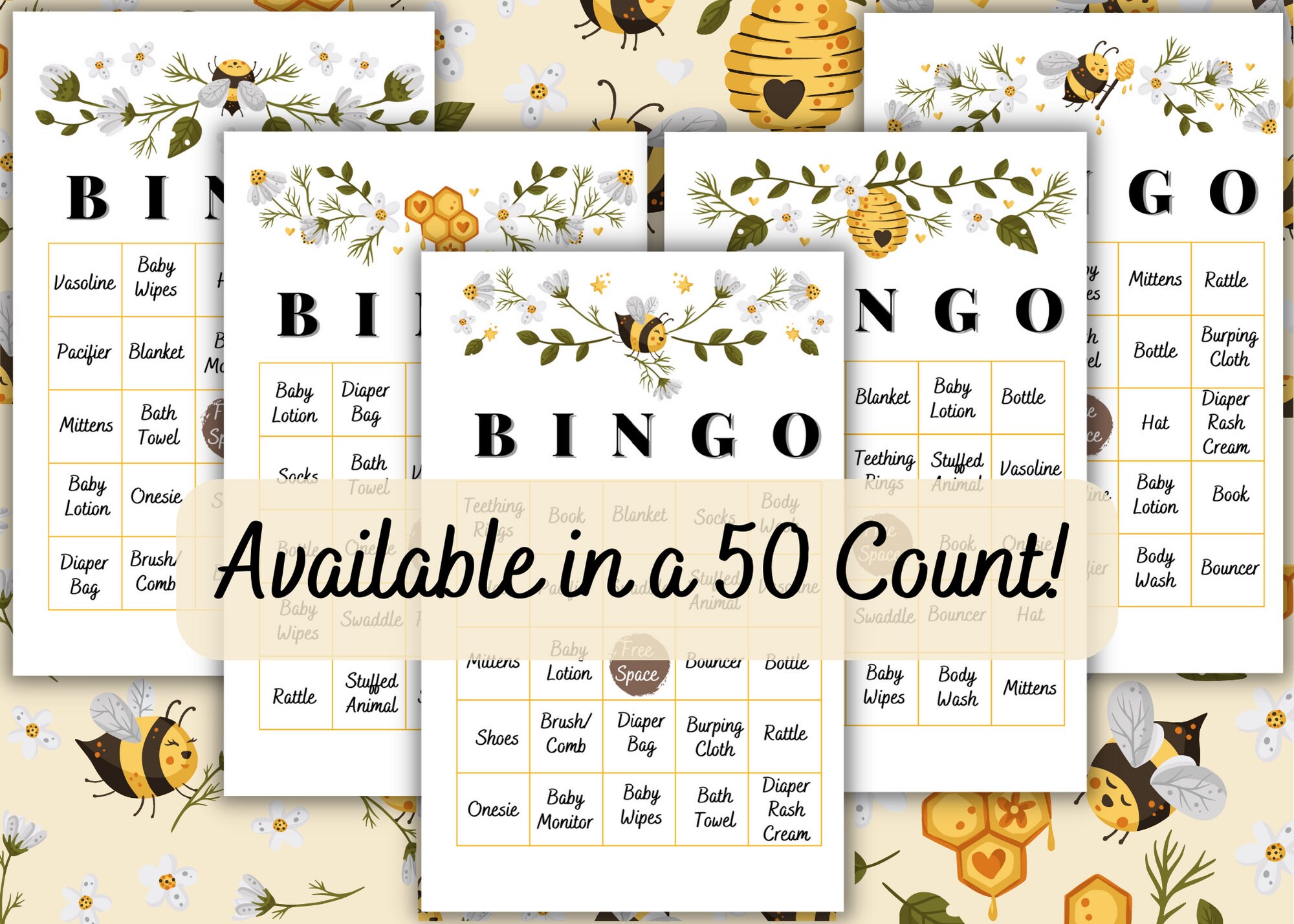 Bay-bee Shower Bee Bingo Game 24ct Bee Themed Baby Shower Bingo Boards ...