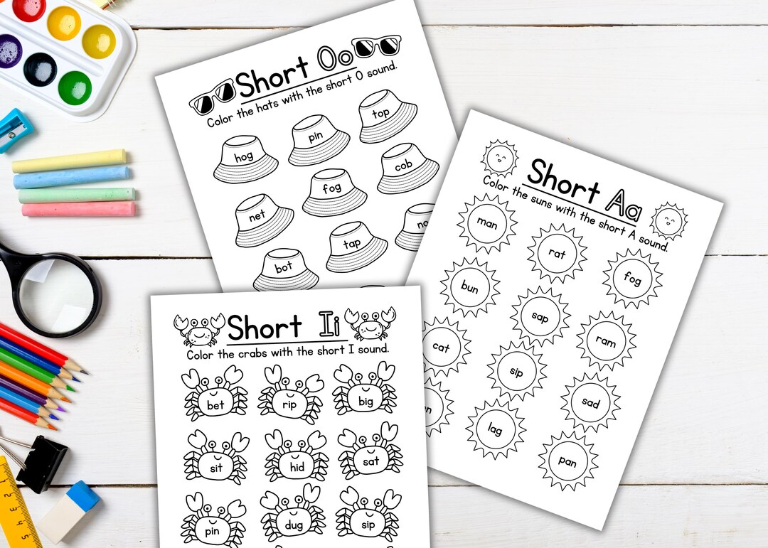 Summer Themed Short Vowel Coloring Worksheet Practice Cute Summer Short ...