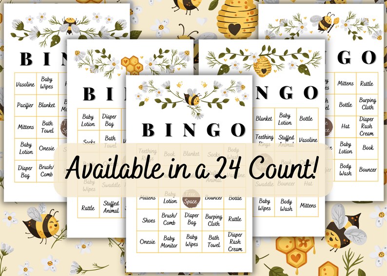 Bee Themed Baby Shower Bingo 50ct Game Cute Simple Bee Bingo Games 5 ...