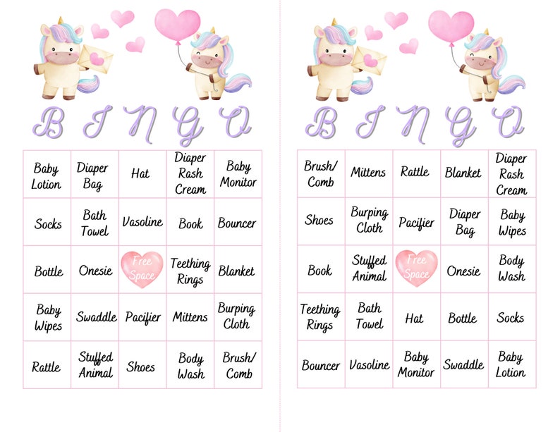Rainbow Unicorn Themed Baby Shower Bingo 50 Game Boards in 4 Different ...