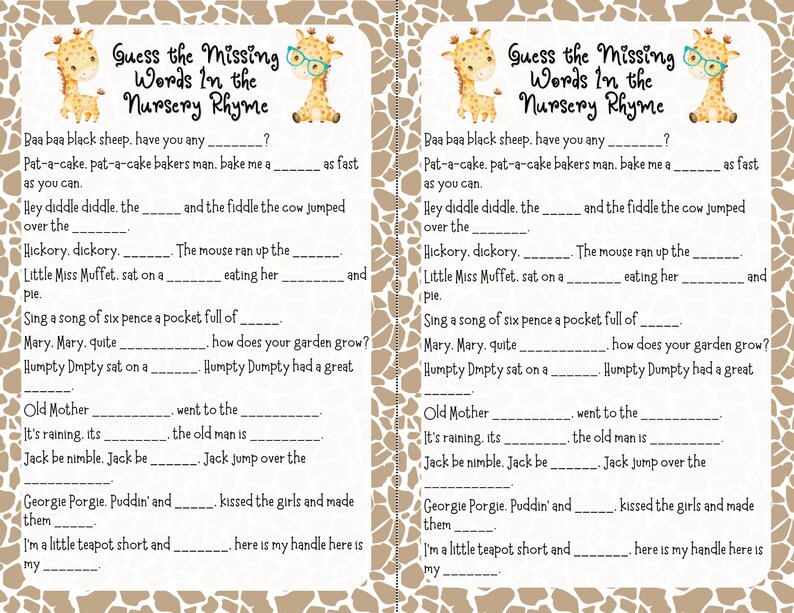 Baby Giraffe Themed Shower Games Bundle Giraffes Pattern Games for Baby ...
