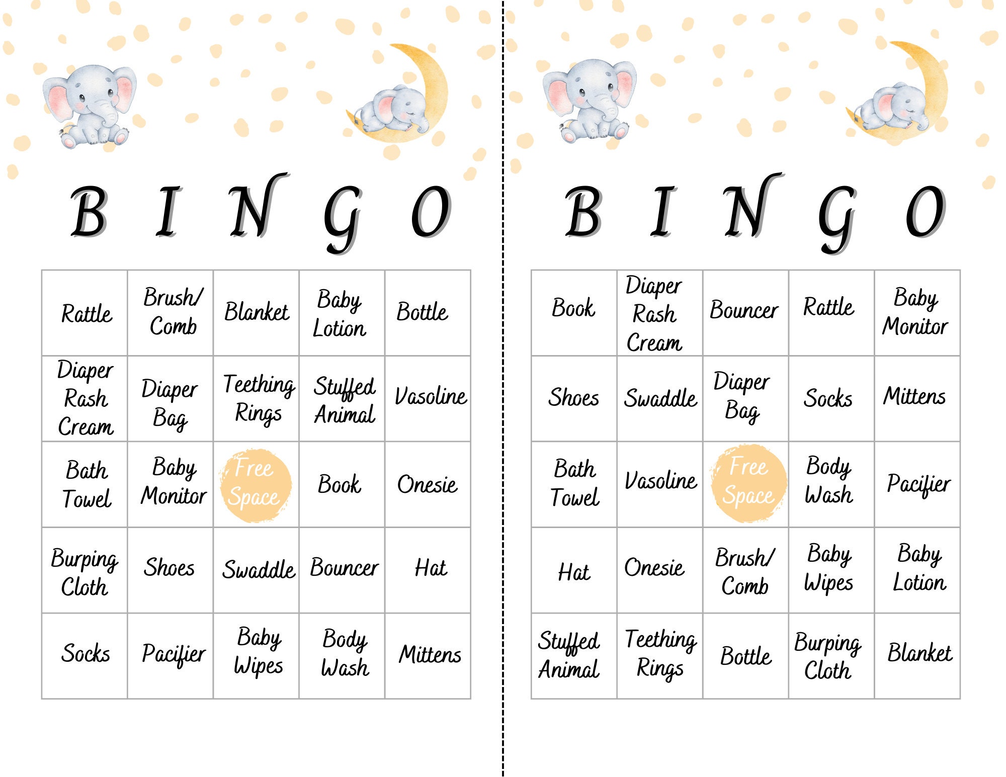 24 Elephant Baby Shower Bingo Boards Prefilled Cute Elephant Shower ...
