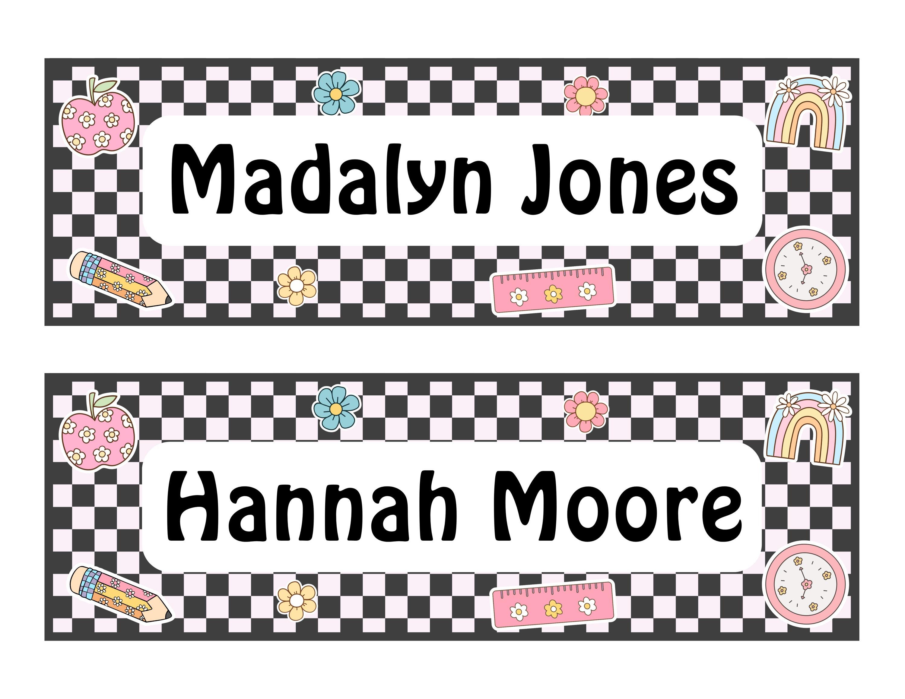 Retro Checker Board Sticker Classroom Name Tags Black and White Groovy ...