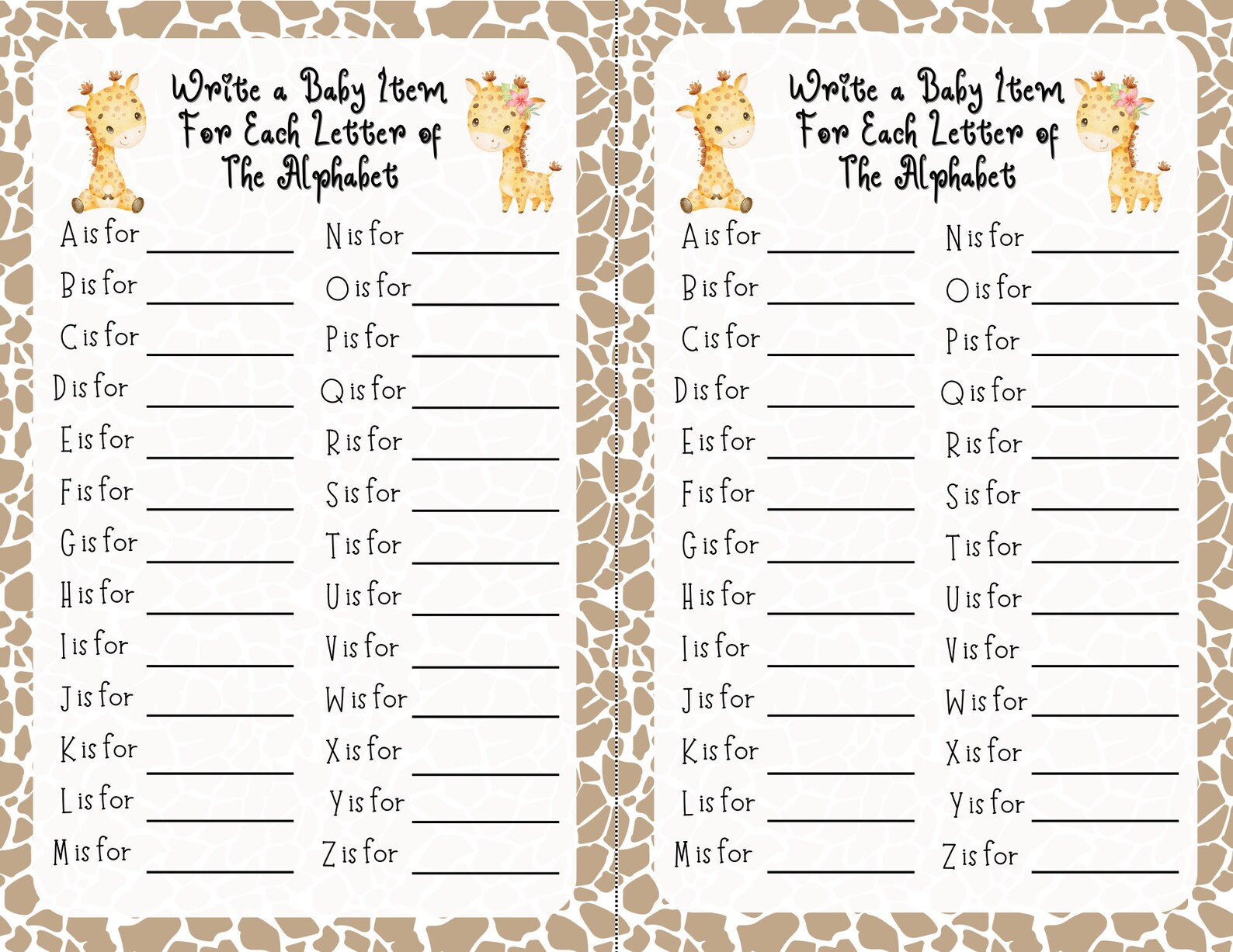 Baby Giraffe Themed Shower Games Bundle Giraffes Pattern Games for Baby ...