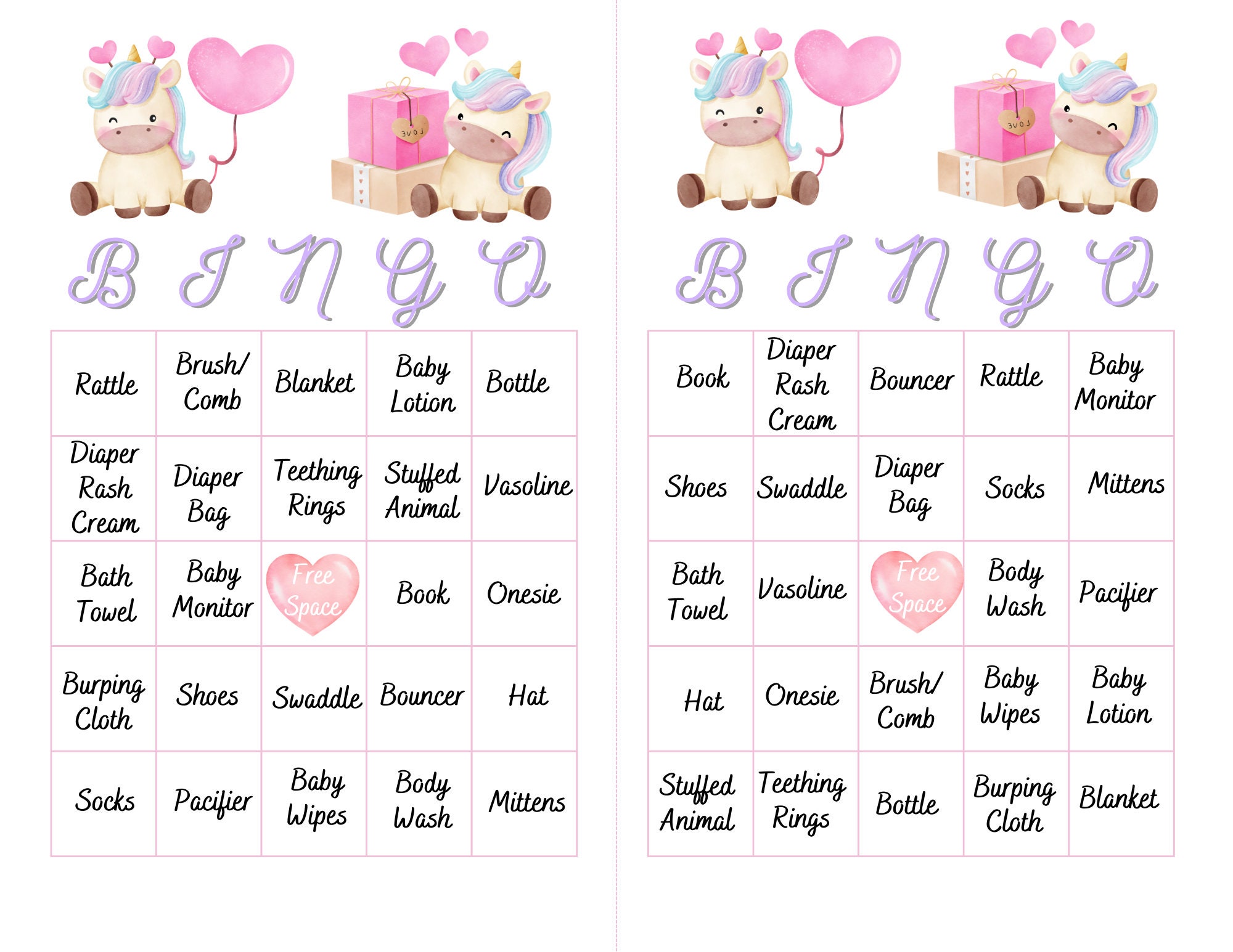 Pastel Unicorn Themed Baby Shower Bingo 24 Prefilled Game Boards ...