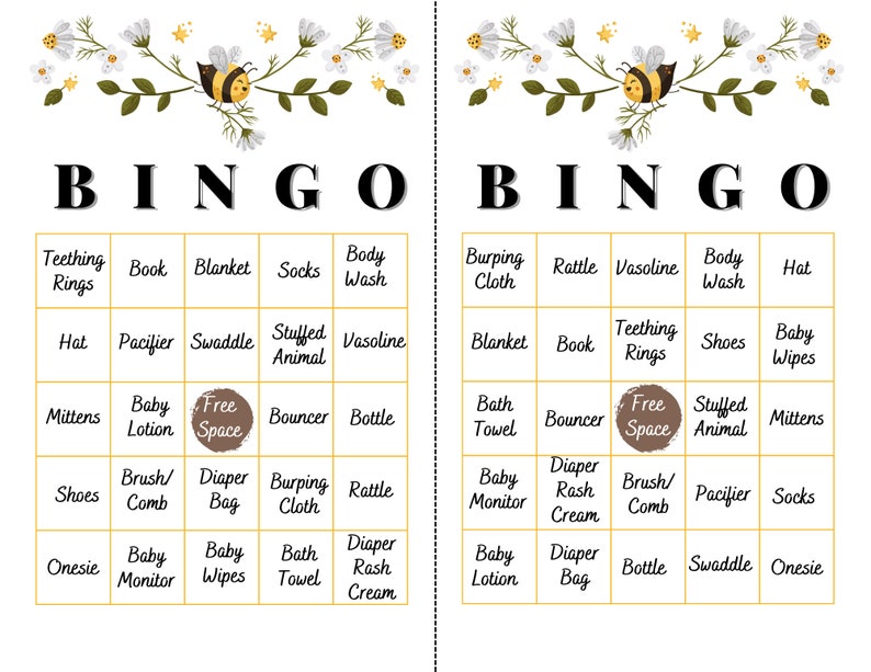 Bee Themed Baby Shower Bingo 50ct Game Cute Simple Bee Bingo Games 5 ...
