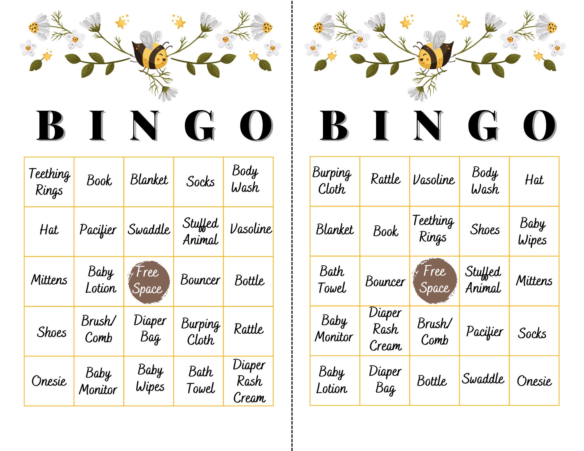 Bee Themed Baby Shower Bingo 50ct Game Cute Simple Bee Bingo Games 5 ...