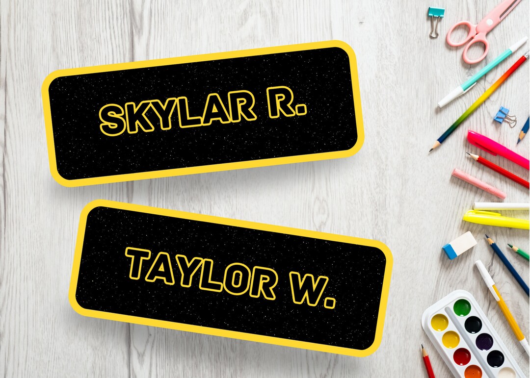 Space Themed Name Tags for Classroom Black and Gold Outer Space Theme ...