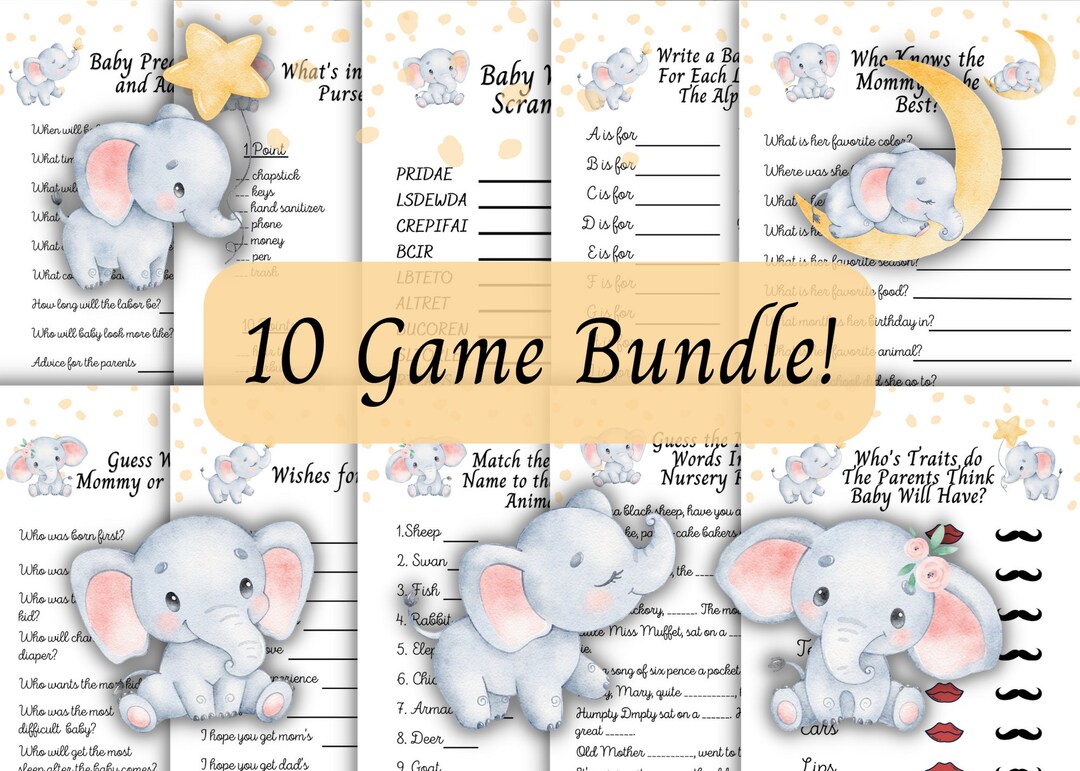 Cute Little Elephant Themed Baby Shower Games Bundle Baby Elephants ...